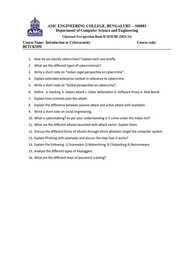 Cybersecurity - 1ST Ia Question Bank | PDF