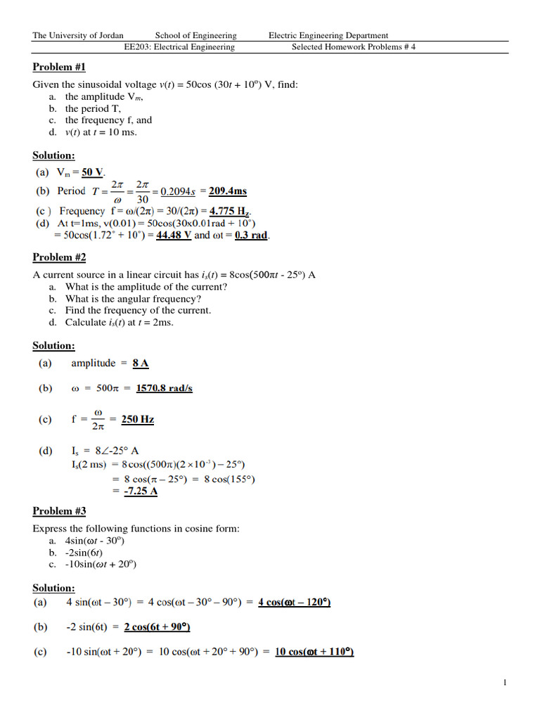 Ee203 Solved Problem Sinusoids Pdf Electrical Engineering