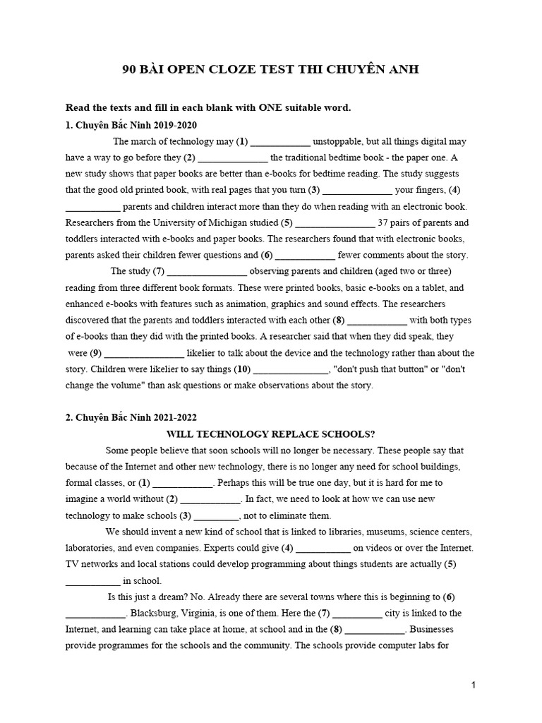 Open Cloze Test Thi Chuyên | Download Free PDF | Grandparent | Vitamin