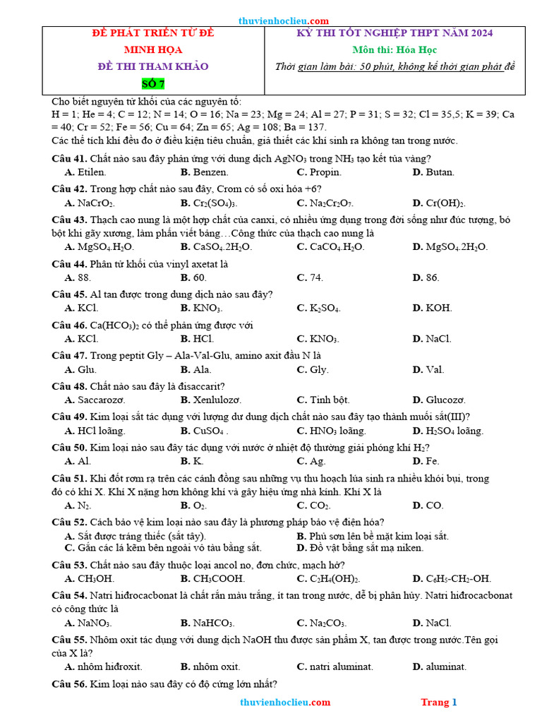 Thuvienhoclieu.com de Thi Thu TN THPT 2024 Hoa Phat Trien Tu de Minh Hoa de 7 | PDF