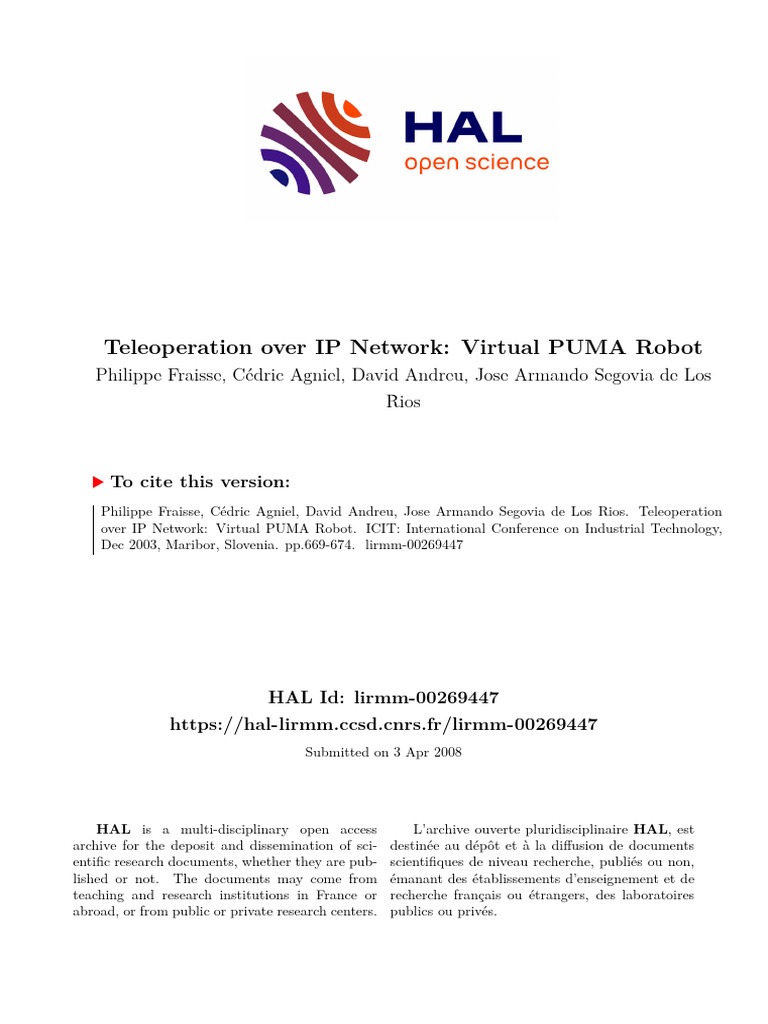 Teleoperation Over IP Network - Virtual PUMA Robot | PDF | Computer Network | Real Time Computing