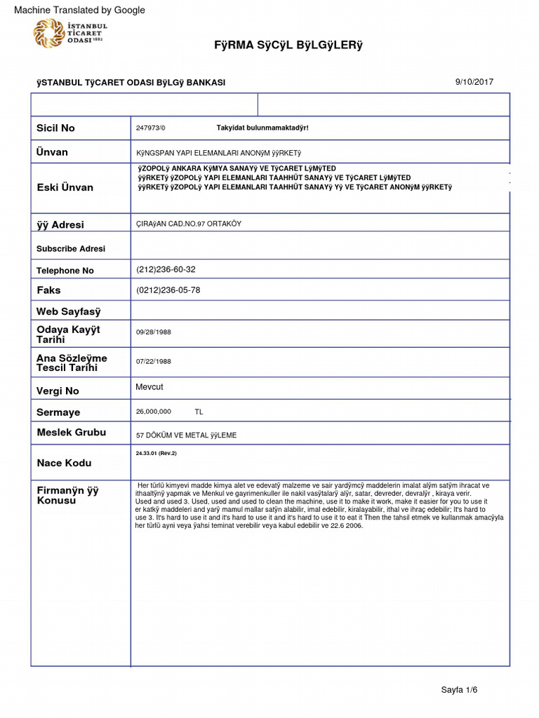 Digital Extract From The Trade Register Turkey | PDF
