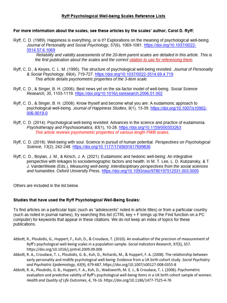2 - Ryff PWB Reference Lists | PDF | Psychology | Well Being