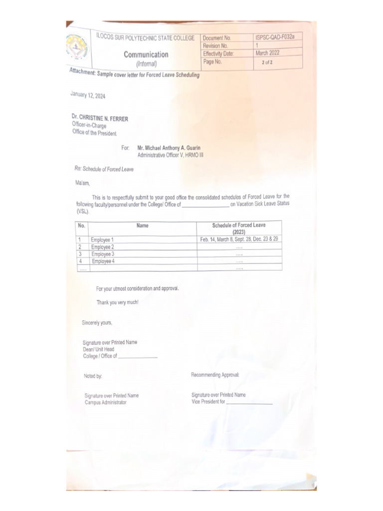 Sample Format Schedule of Forced Leave | PDF