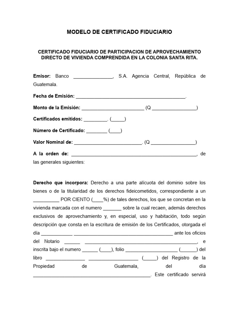 Modelo De Certificado Fiduciario Pdf Ley De Propiedad Derecho