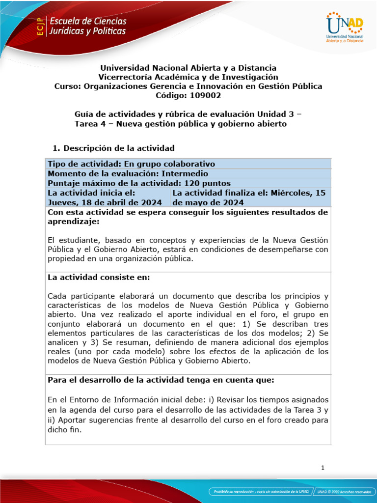 Guía de Actividades y Rúbrica de Evaluación - Unidad 3 - Tarea 4 - Nueva Gestión Pública y ...