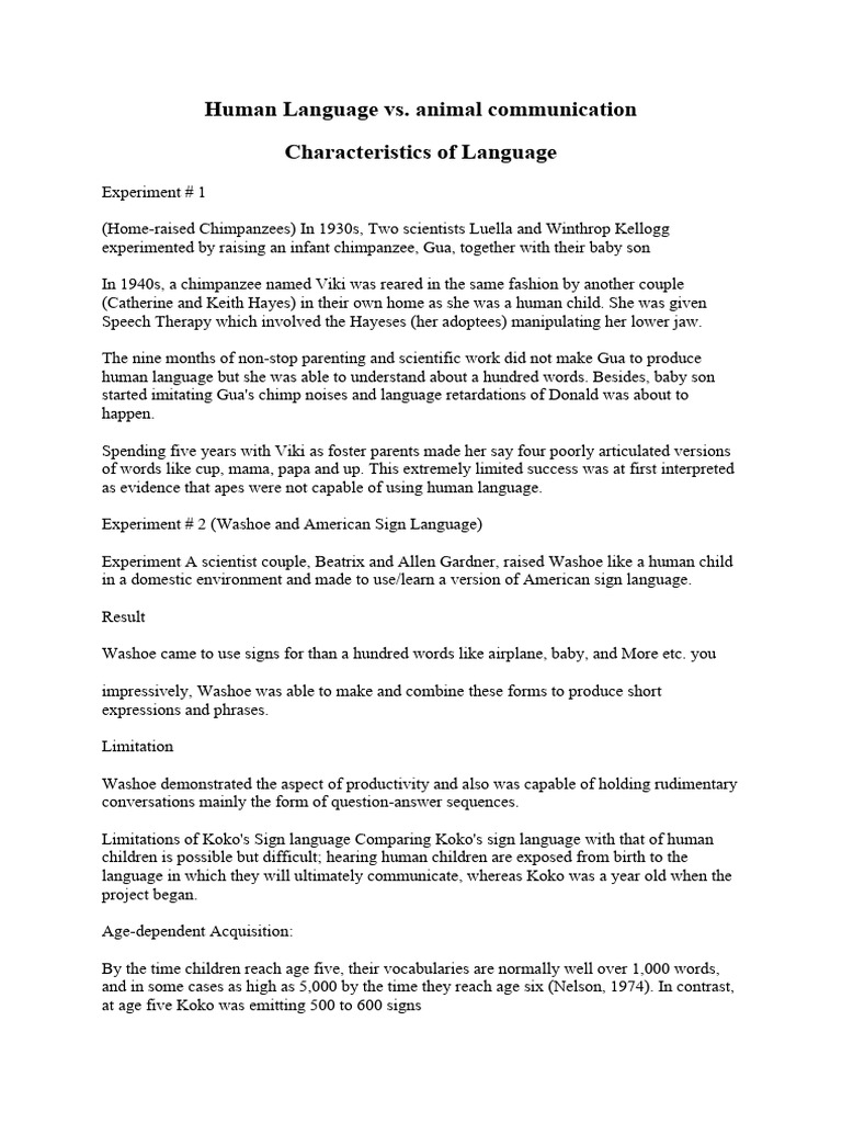 Human Vs Animal Language | PDF | Linguistics | Cognitive Science