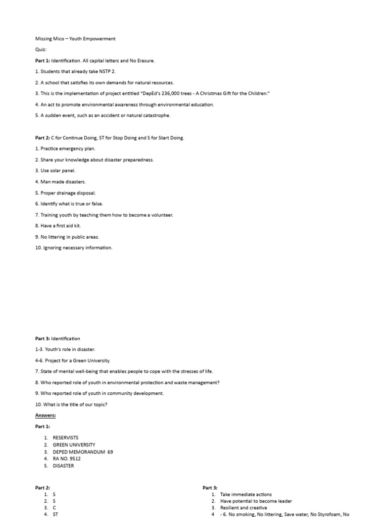 Youth Empowerment Quiz and Recitations Scores | PDF | Emergency Management