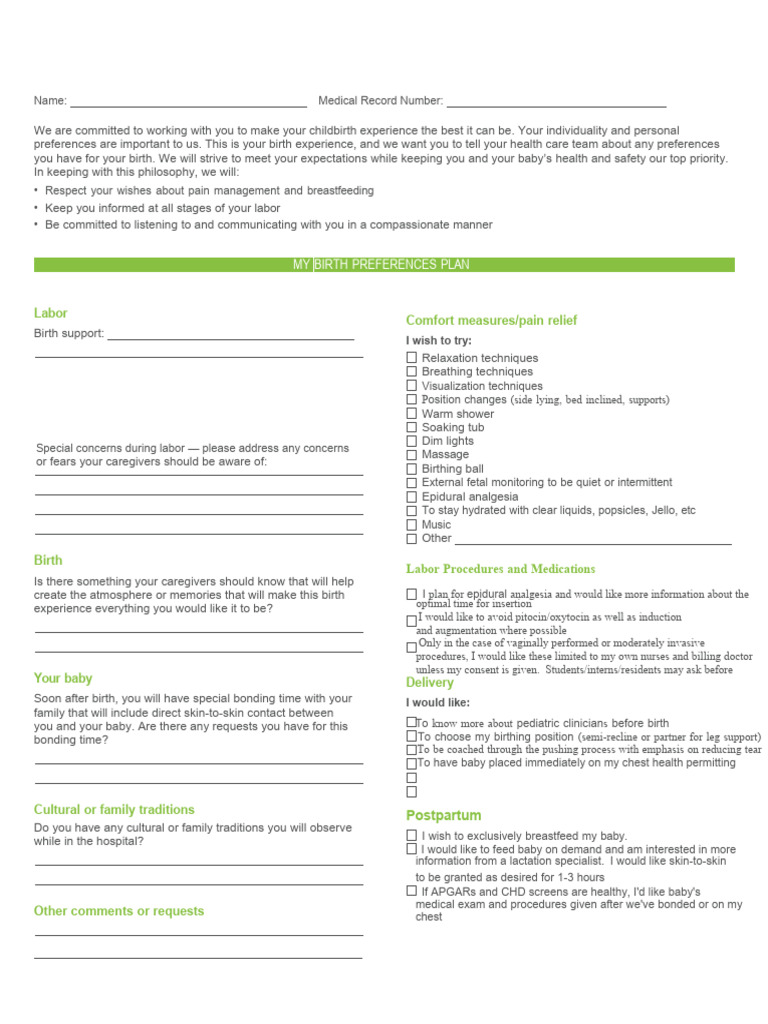 fillable_birthpreferencesplan | PDF | Childbirth | Women's Health