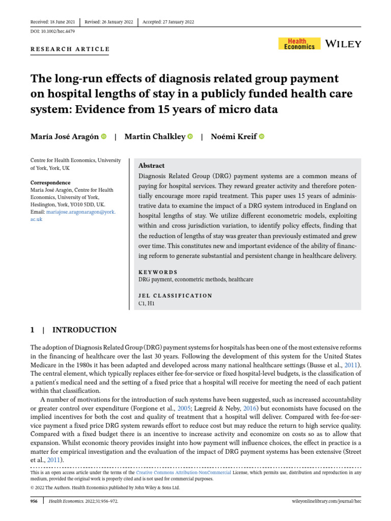 The Long-Run Effects of Diagnosis Related Group Payment | PDF ...