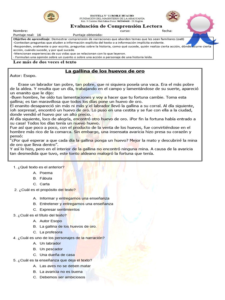Evaluación Comprensión Lectora FABULA | PDF | Pollo