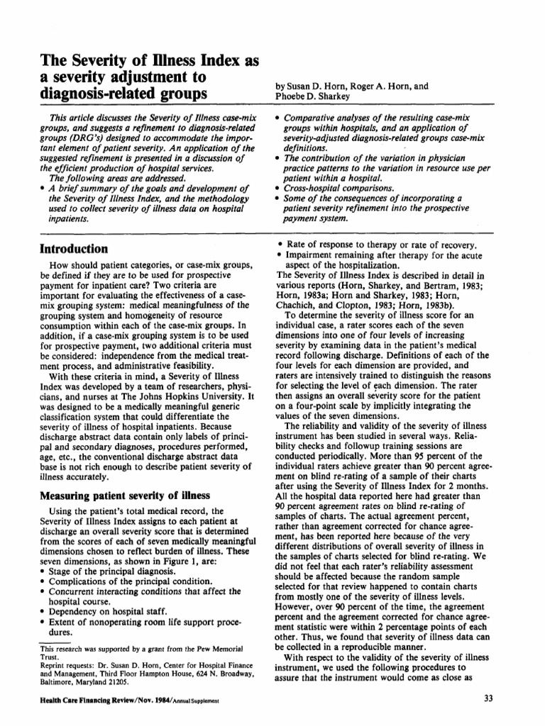 The Severity of Illness Index As A Severity Adjustment To Diagnosis ...