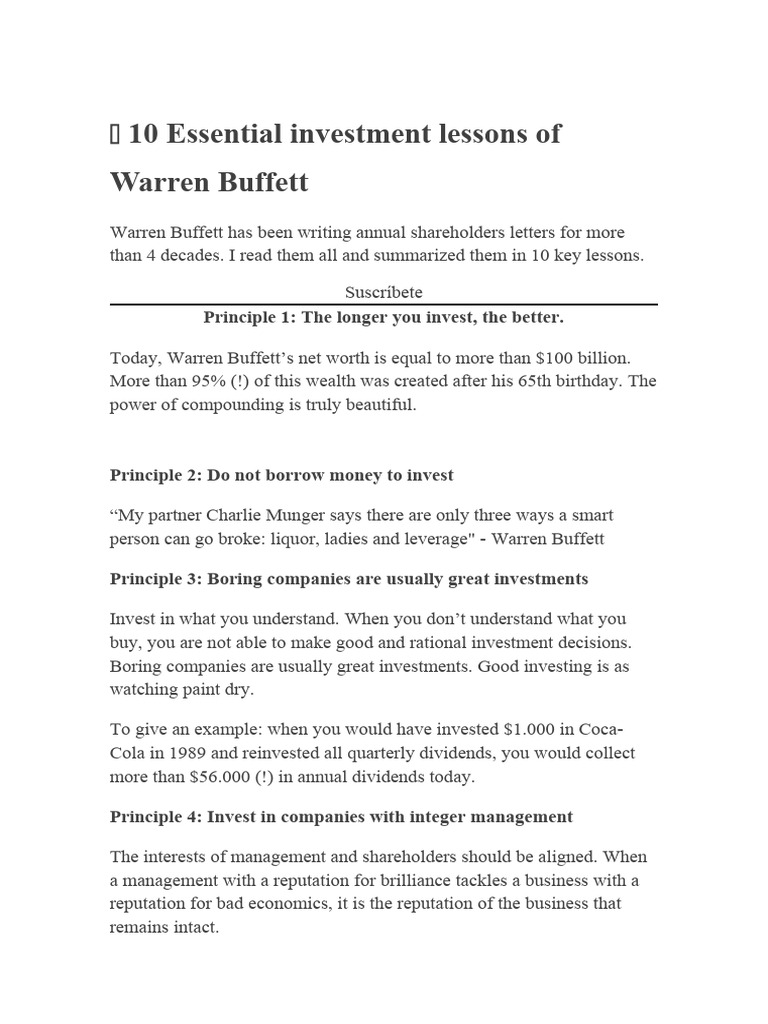 Buffett's 10 Investment Principles | PDF | Investing | Stocks