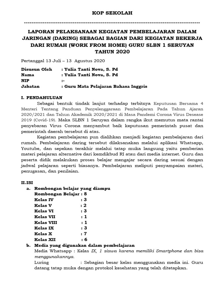 Contoh Laporan Pembelajaran Jarak Jauh (Daring) | PDF