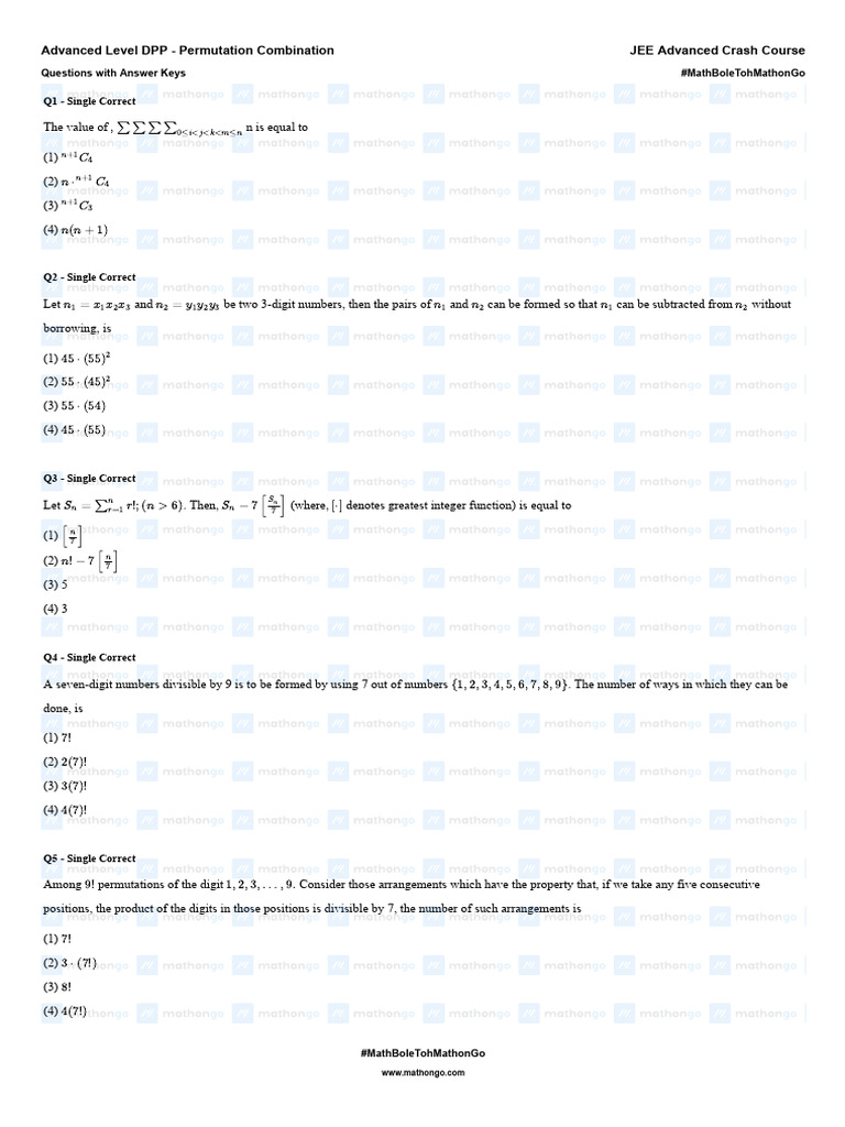 Advanced Level DPP Permutation Combination Question Mathongo | PDF | Numbers | Number Theory