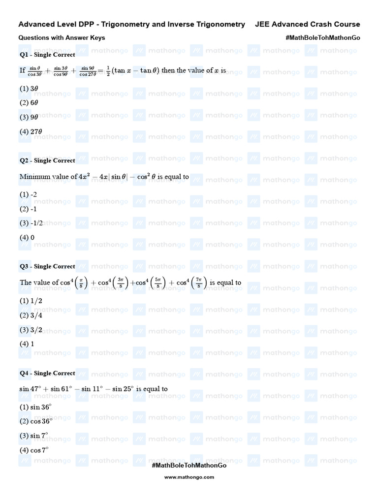 Advanced Level DPP Trigonometry and Inverse Trigonometry Question Mathongo | PDF | Geometric ...