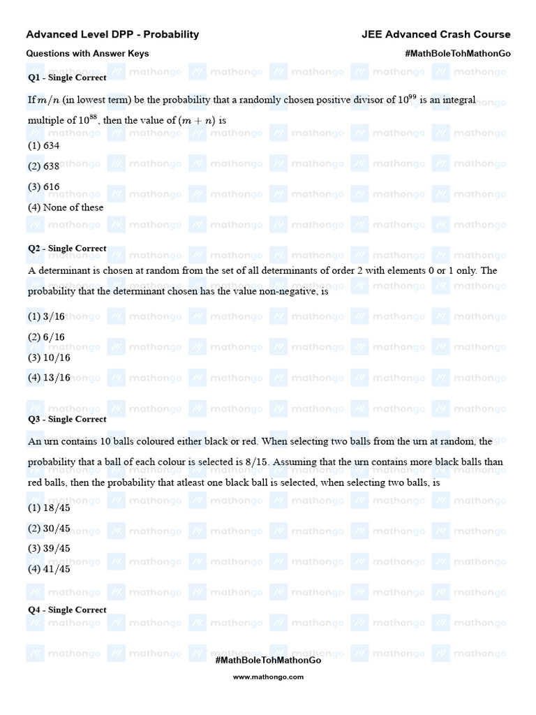 Advanced Level DPP Probability Question Mathongo | PDF | Probability ...