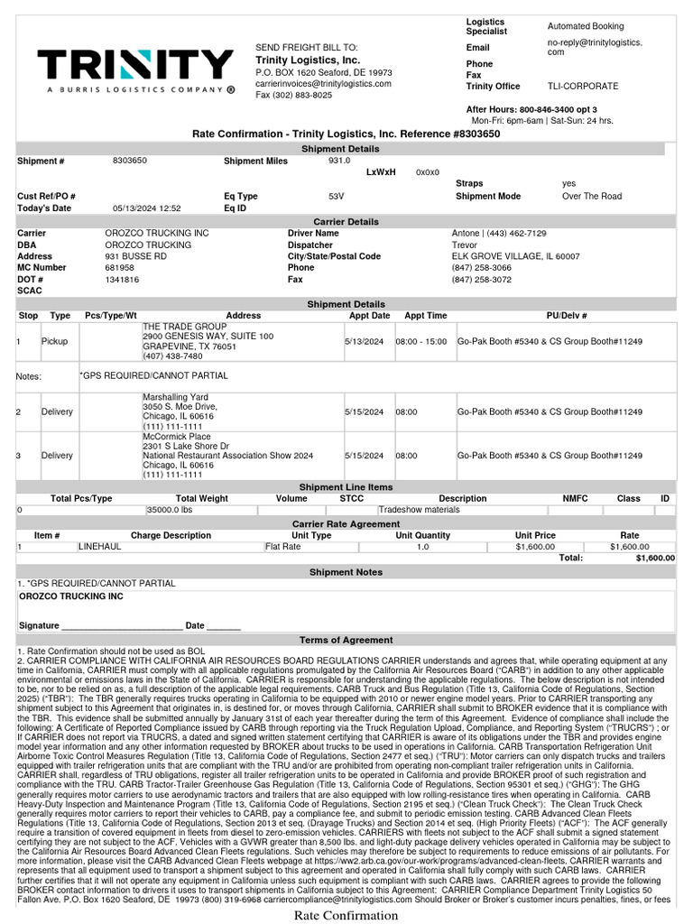Logistics Rate Confirmation | PDF | Cargo | Transport