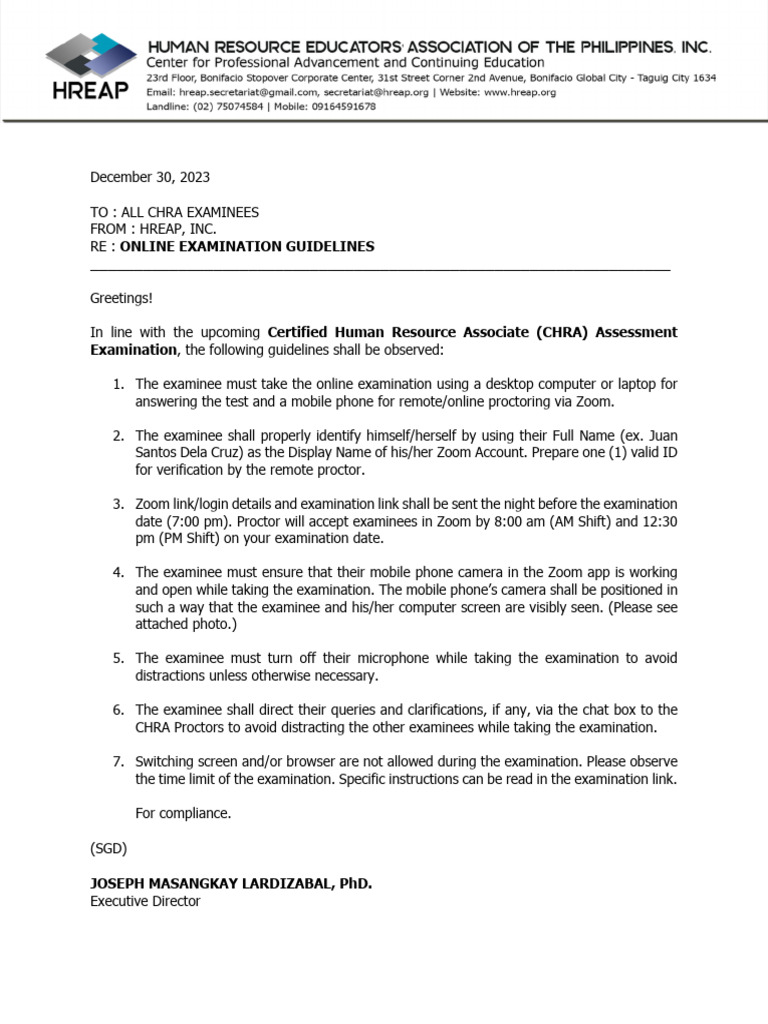 CHRA Examination Guidelines 2024 | PDF