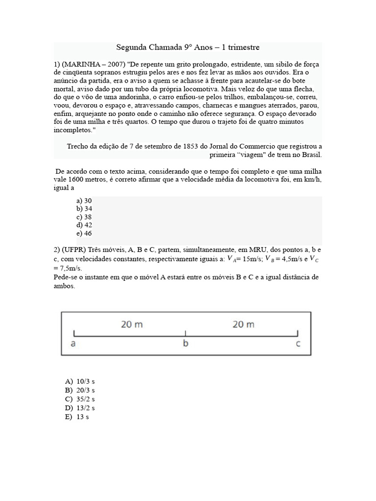 PROVA SEGUNDA CHAMADA 9Â° FÃ - Sica | PDF | Velocidade | Velocidade