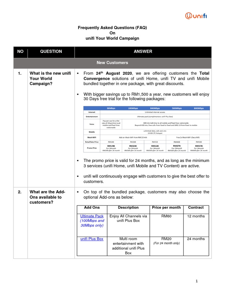 FAQ Unifi Your World Campaign v2.0 | PDF | Subscription Business Model | Internet Access