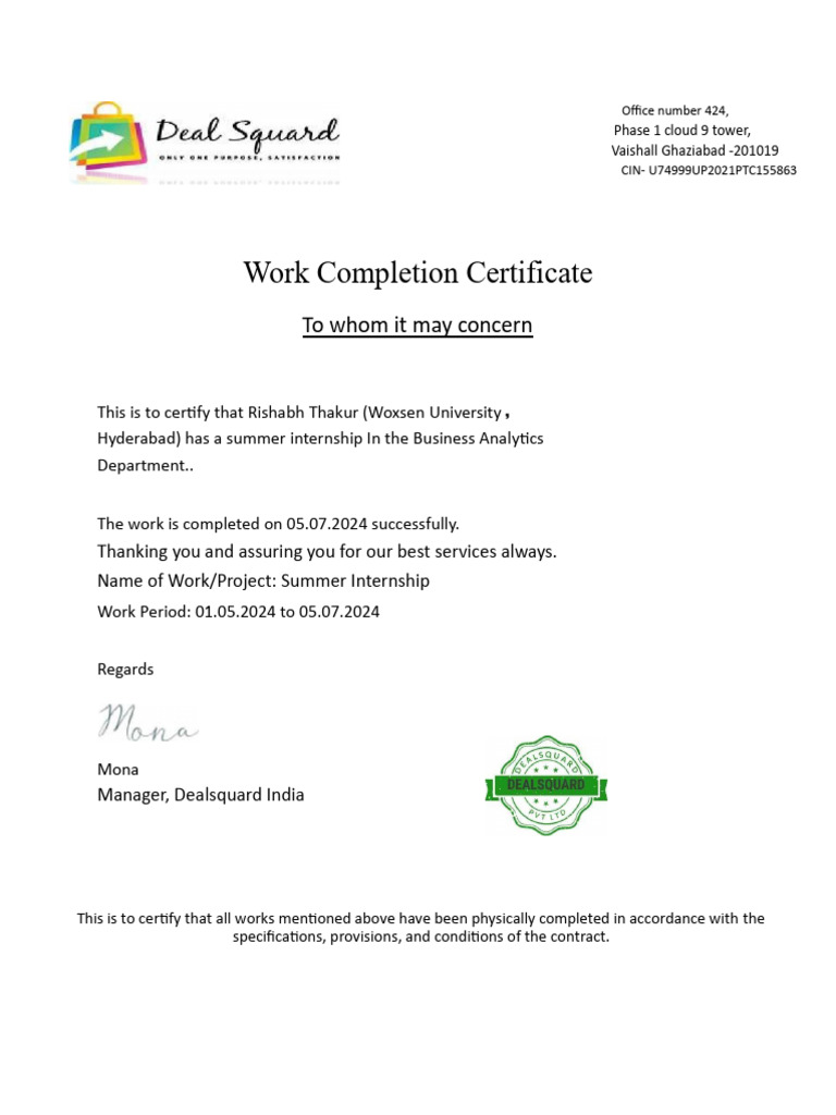 Rishabh Deal Squard Certicate of Internship - 1 Woxsen University | PDF Rishabh Deal Squard Certicate of Internship - 1 Woxsen University | PDF