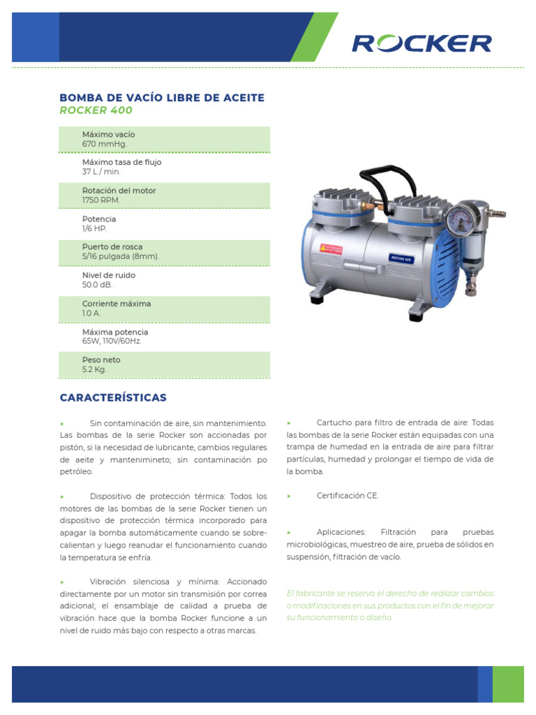 Bomba de Vacío Rocker 400: Especificaciones | PDF