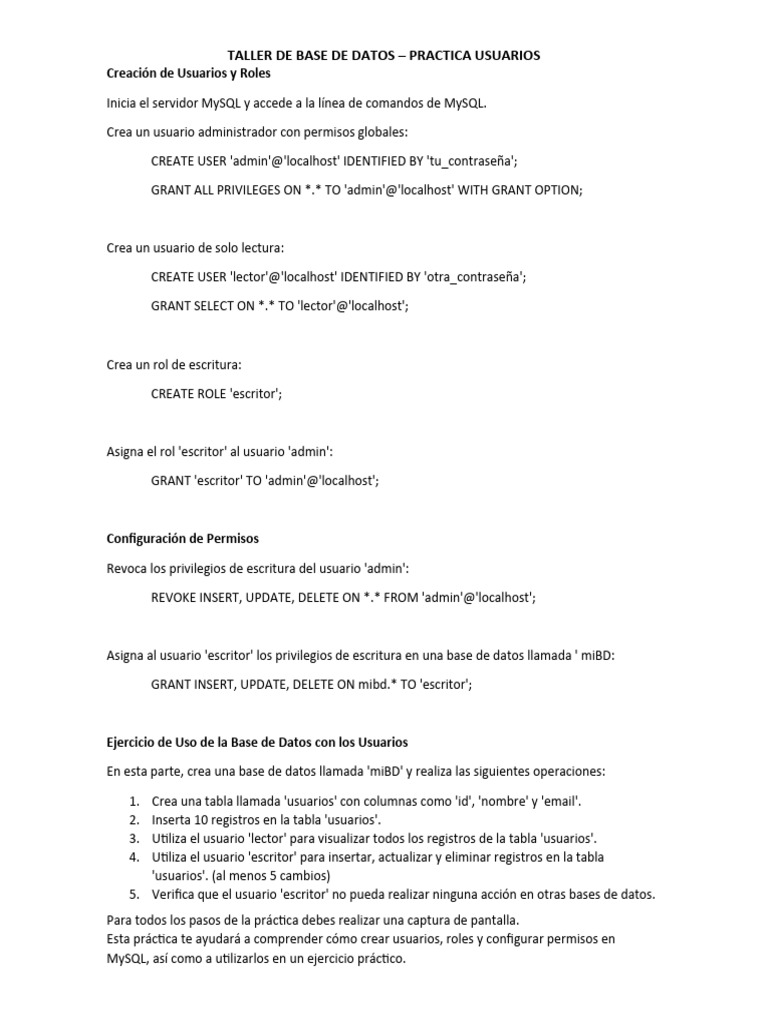 Creación de Usuarios y Roles | PDF | Mi sql | Bases de datos