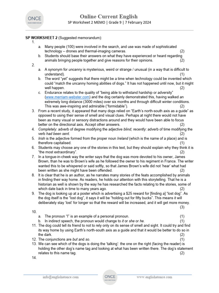 MEMO SP Worksheet 2 (GR 8) MEMO Dogs | PDF | Adjective | Adverb