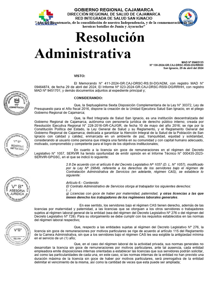 R.A.Nº 130 LICENCIA SIN GOCE - JORGE LUIS PACHECO CASTRO Por Ocupar ...