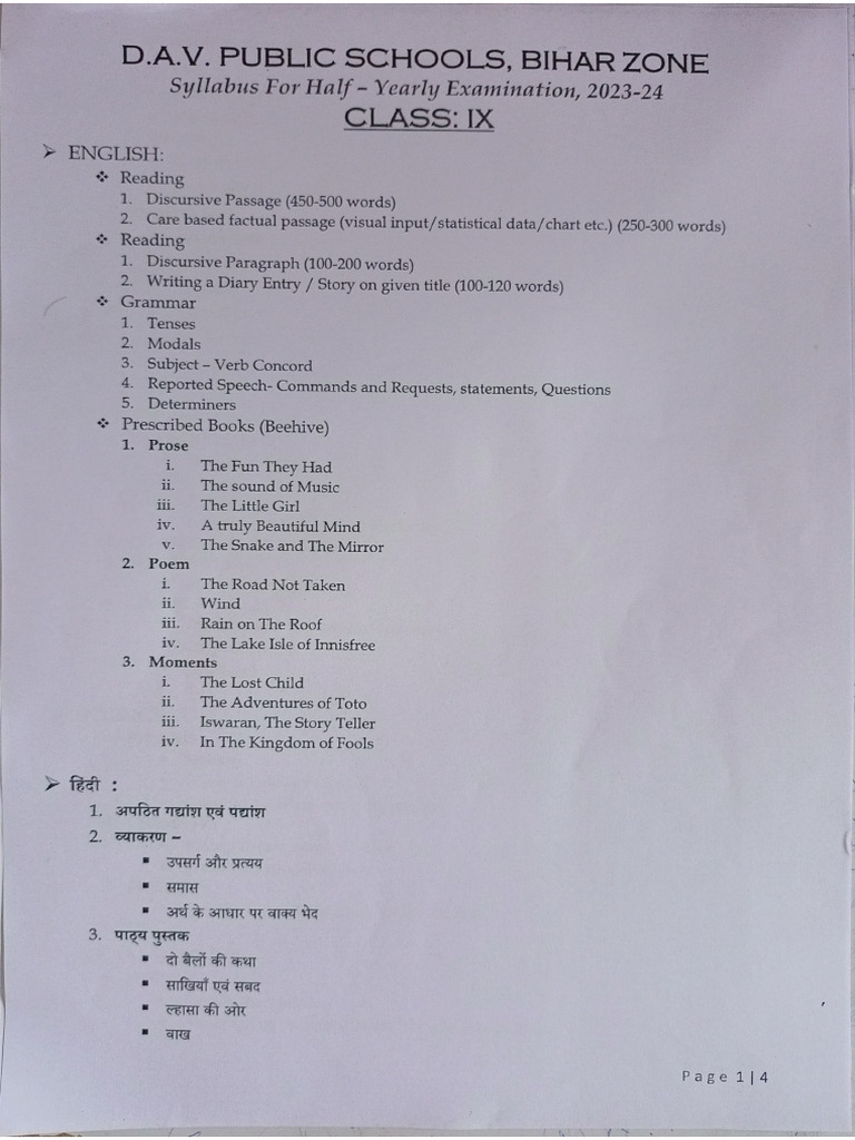 Syllabus For Half Yearly Examination 2023-24 | PDF Syllabus For Half Yearly Examination 2023-24 | PDF