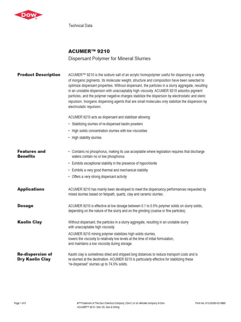 812 00353 01 Acumer 9210 Dispersant Polymer For Mineral Slurries Tds ...