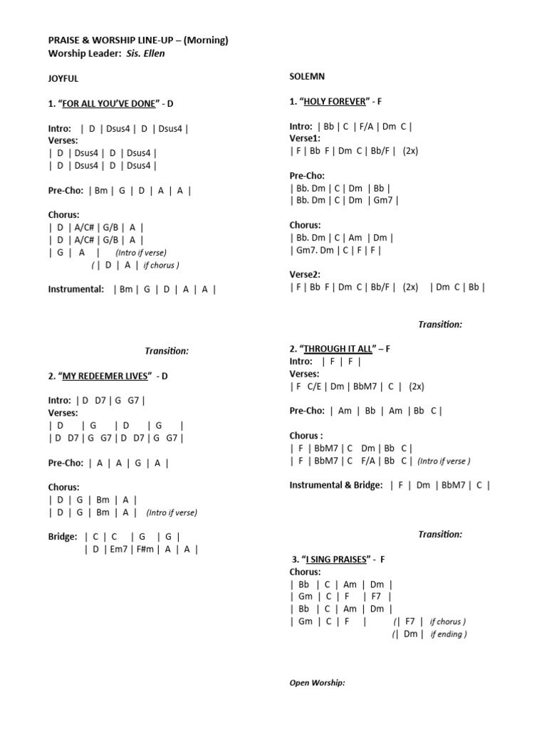 WORSHIP SERVICE and LIFE CLASS PARTY PRAISE WOSHIP LINE UP | PDF | Song ...