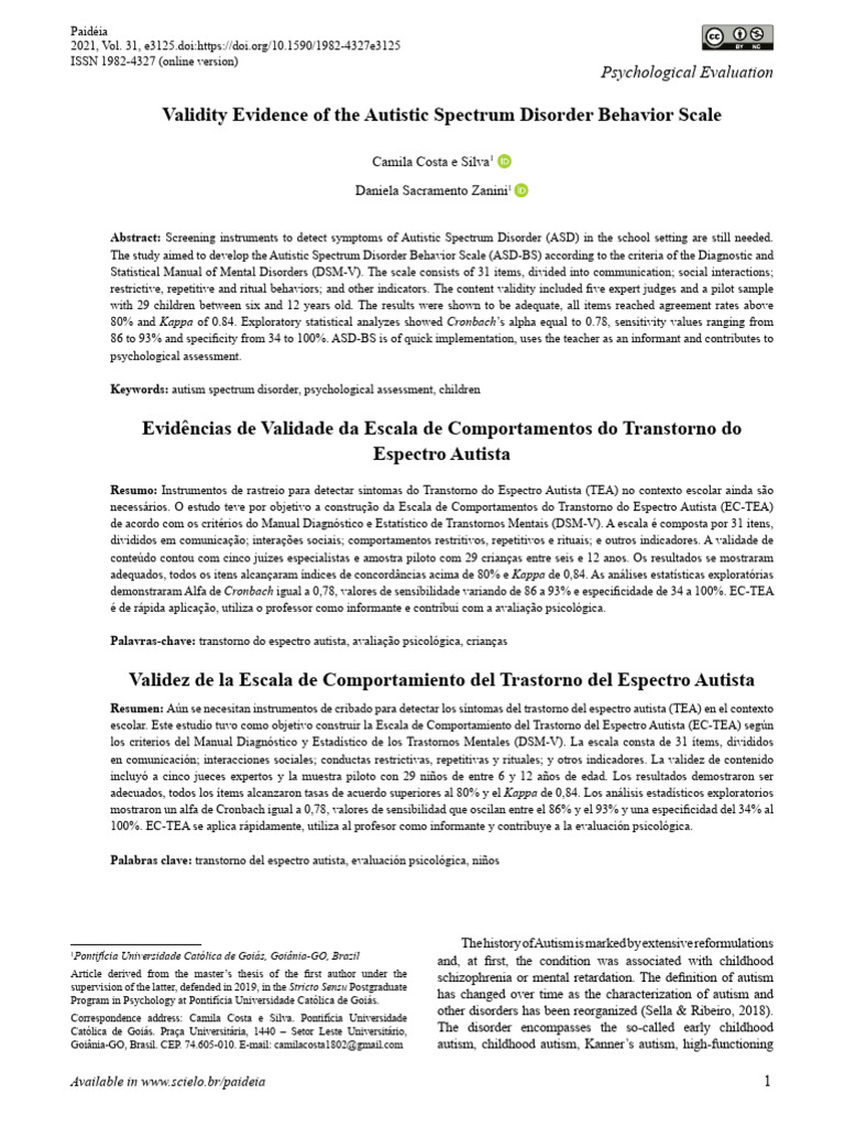 Validity Evidence of The Autistic Spectrum Disorder Behavior Scale ...