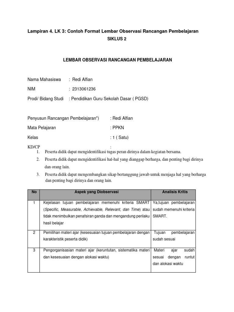 Lampiran 4. LK 3 Contoh Format Lembar Observasi Rancangan Pembelajaran ...