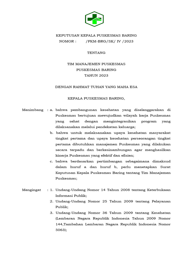 Tim Manajemen Puskesmas Baring 2023 | PDF