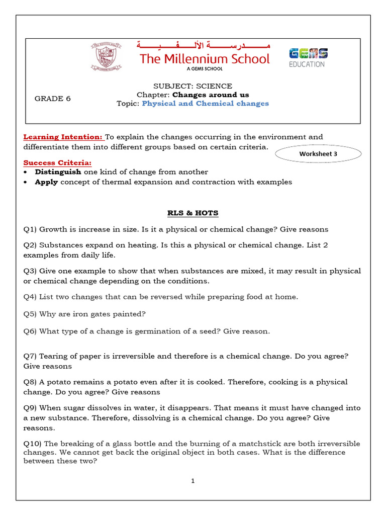 Changes Around Us - Worksheet 3 | PDF | Rust | Water