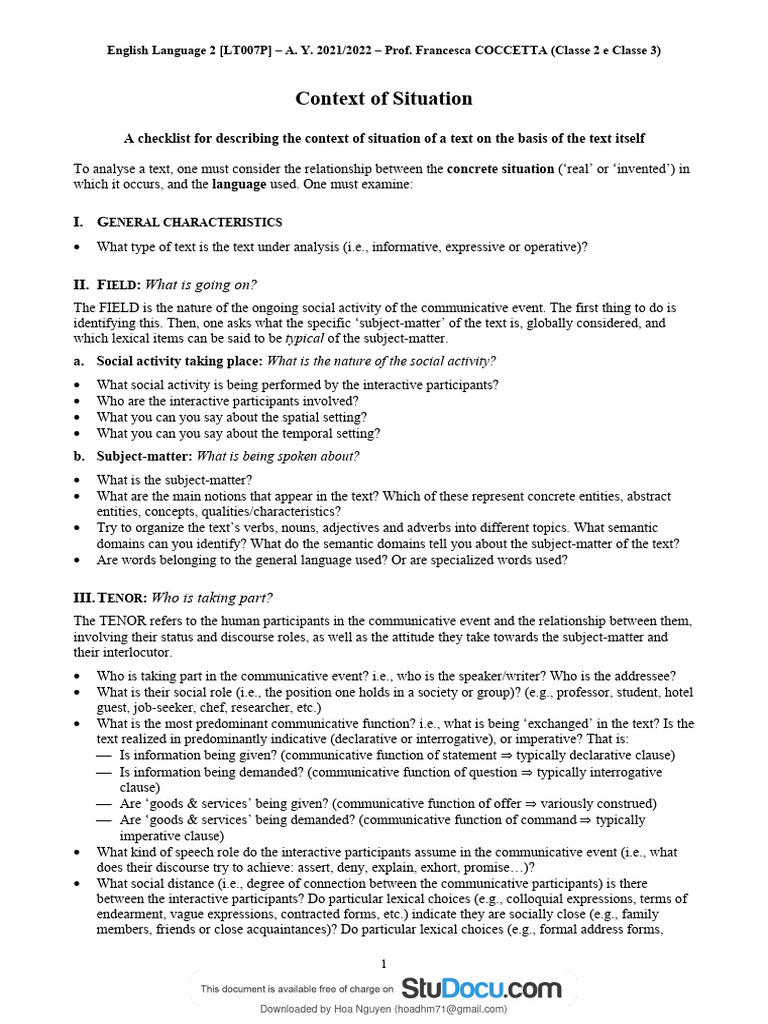 A Checklist For Describing The Context of Situation | PDF ...