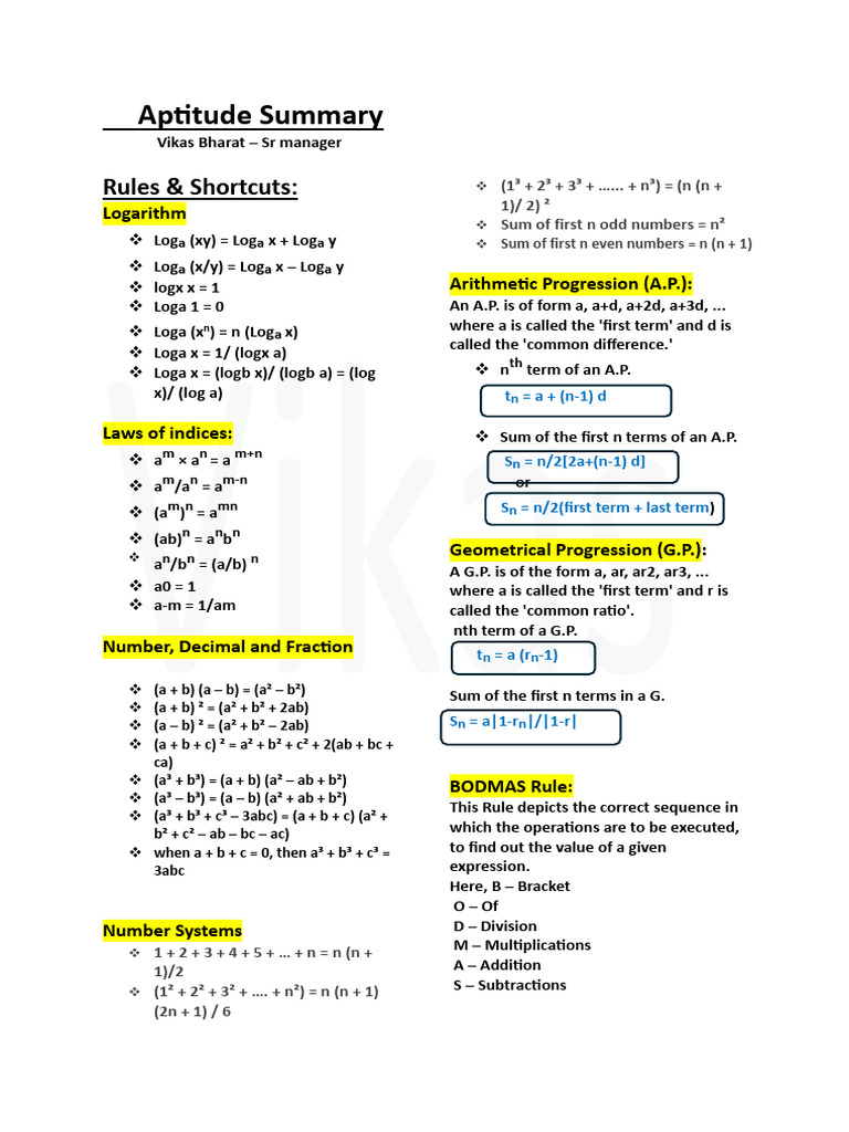 Aptitude Summery | PDF | Area | Numbers
