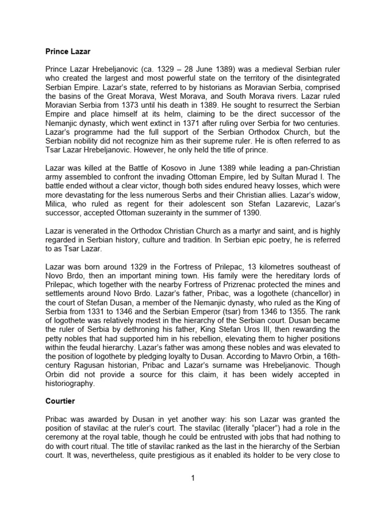 Prince Lazar: Serbian Ruler and Martyr | PDF | Serbia