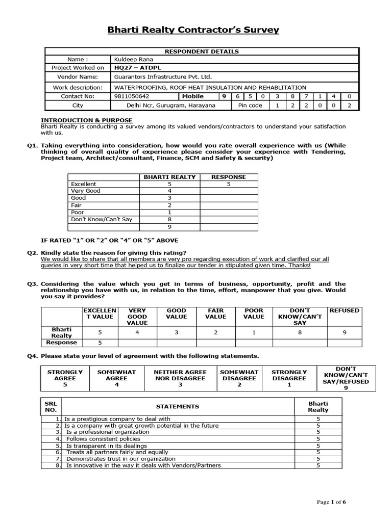 Questionnaire Bharti Realty | PDF | Architect | Consultant