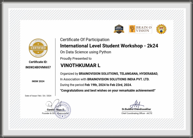 International Student Workshop 2024 On Data Science Using Python by Brainovision | PDF