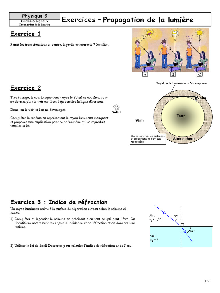 Exercices sur la propagation de la lumière | PDF | Réfraction | Lumière