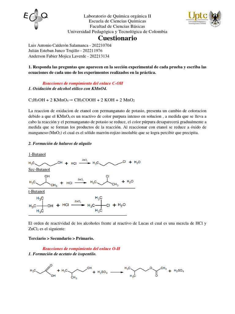 Cuestionario Práctica 2. Propiedades Químicas de Los Alcoholes | PDF | Etanol | Hidróxido de sodio