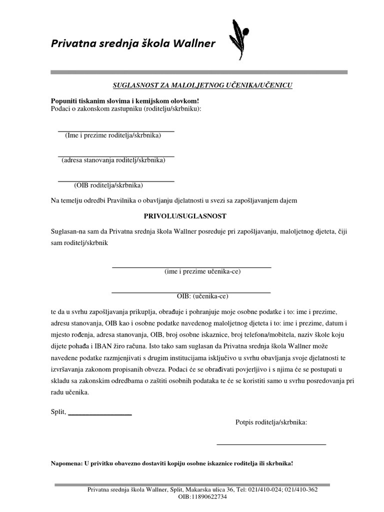 Suglasnost Za Maloljetnog Učenika-Učenicu | PDF