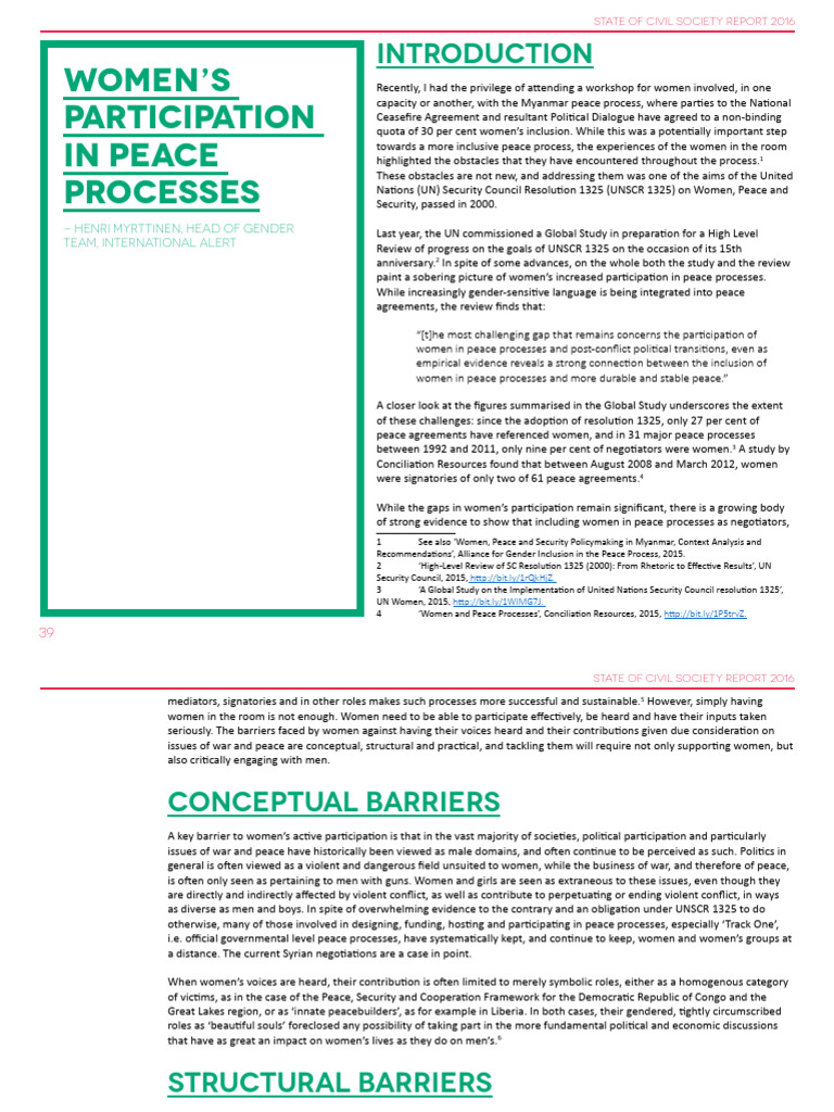 Women's Participation in Peace Processes | PDF | Peacebuilding | International Relations