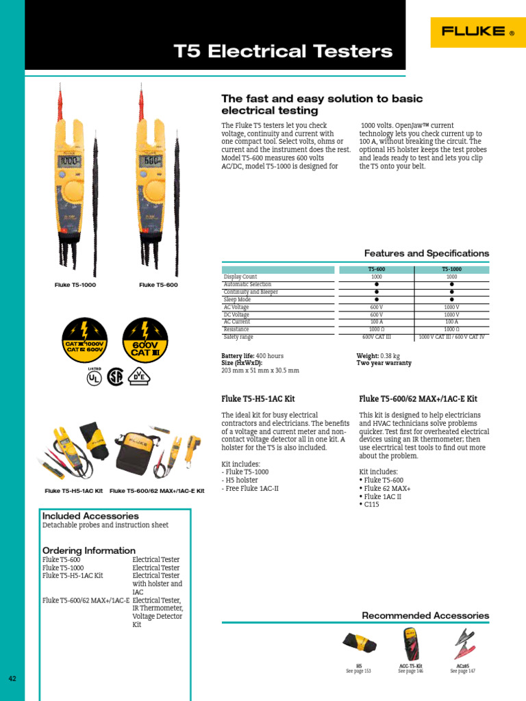 Fluke T5-1000 Quick Reference Guide (En) | PDF | Voltage | Materials Science
