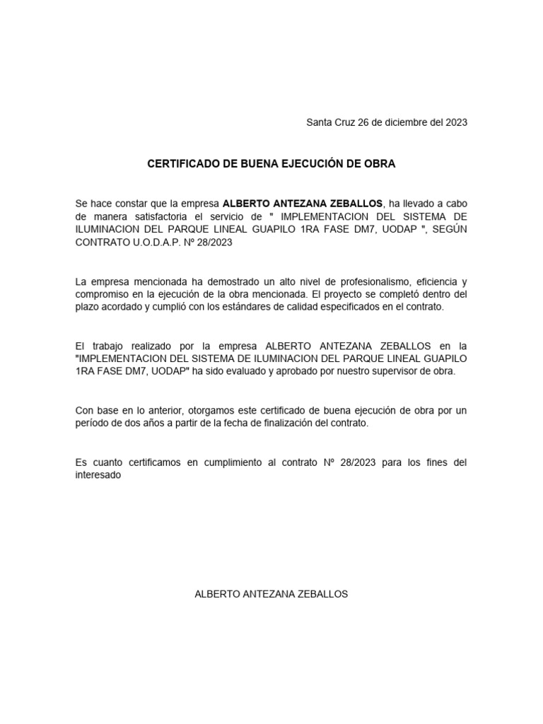 Certificado de Buena Ejecucion de Obra | PDF