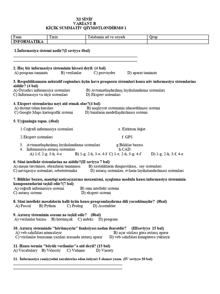 11ci Sinif Ksq1 A Variant | PDF