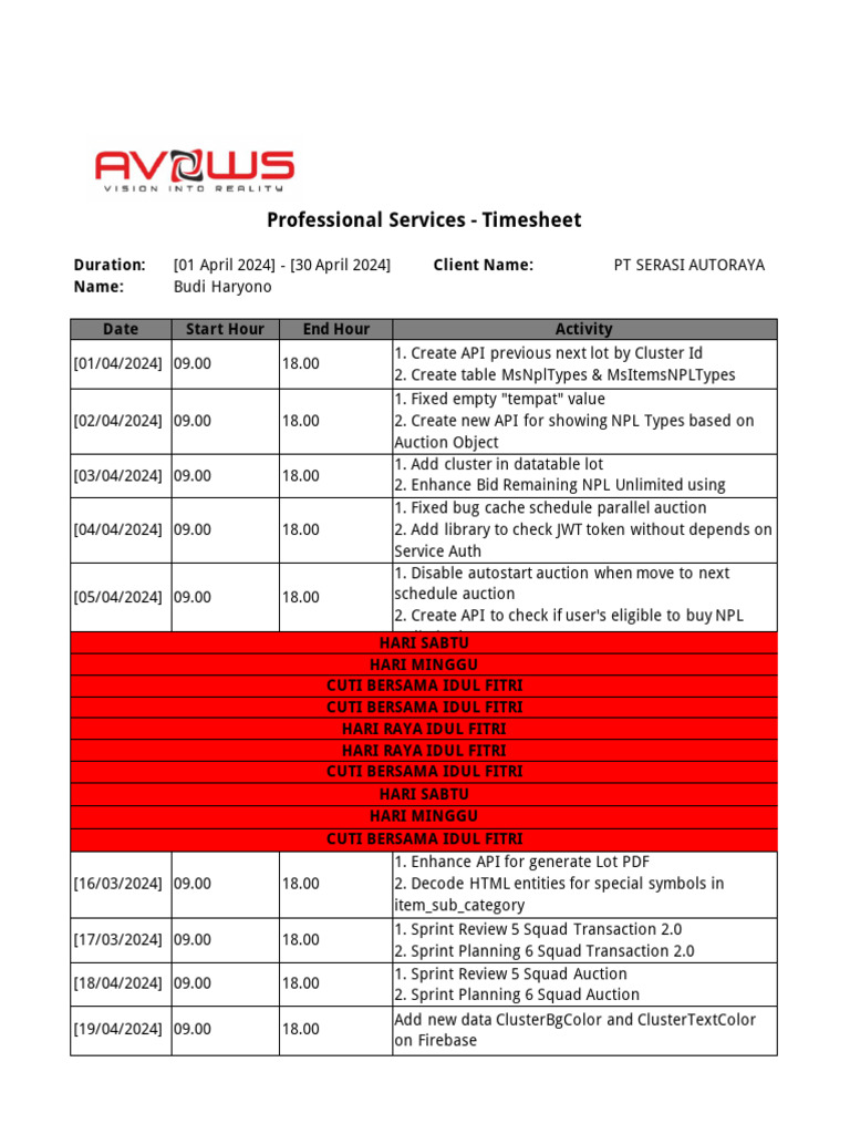Timesheet Avows April 2024 - Budi Haryono Signed All | PDF | Software Engineering | Information ...